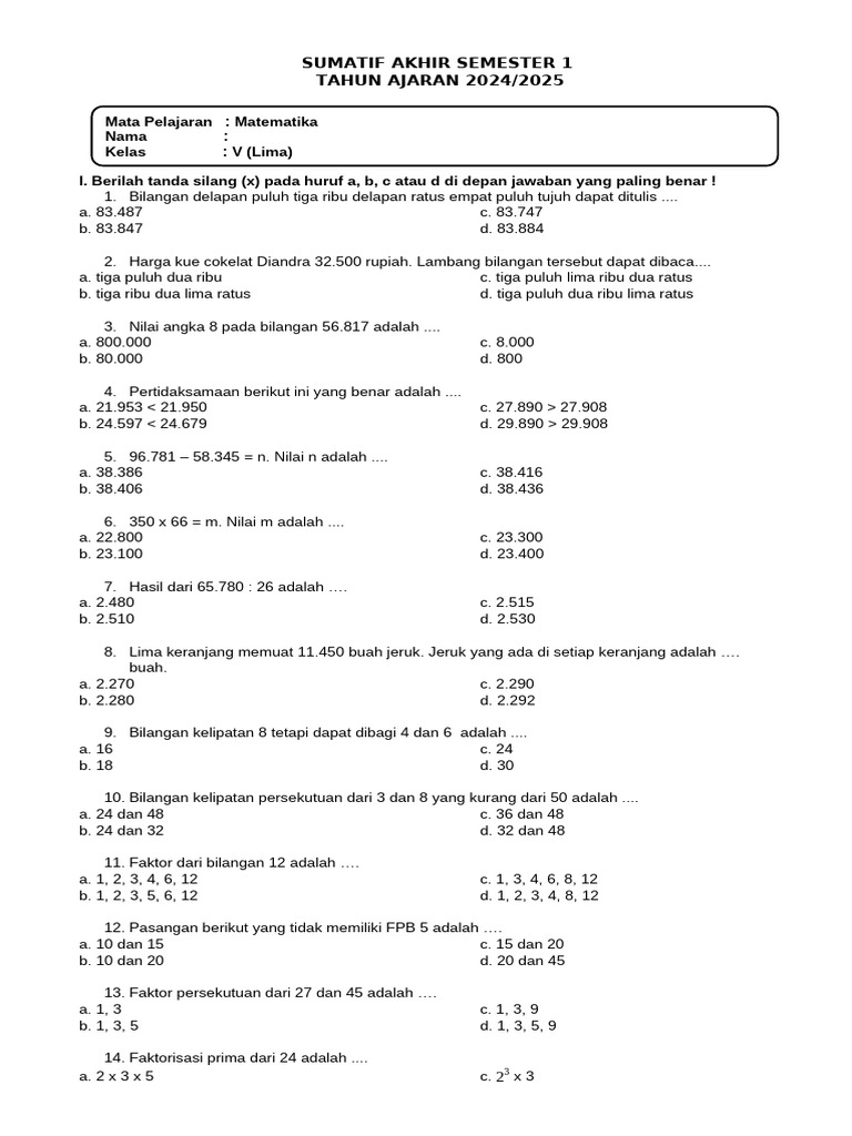 Sas MTK Kelas 5 | PDF
