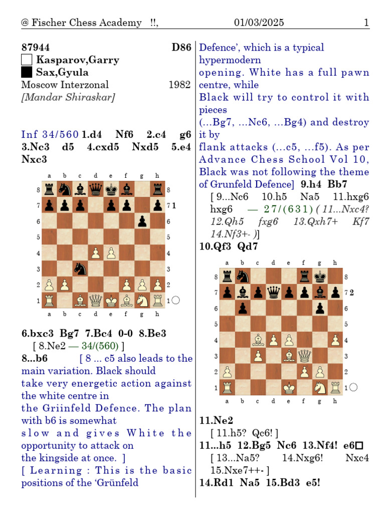 Grunfeld Exchange Variation Opening Kasparov Vs Sax 1982 10 How Not To ...