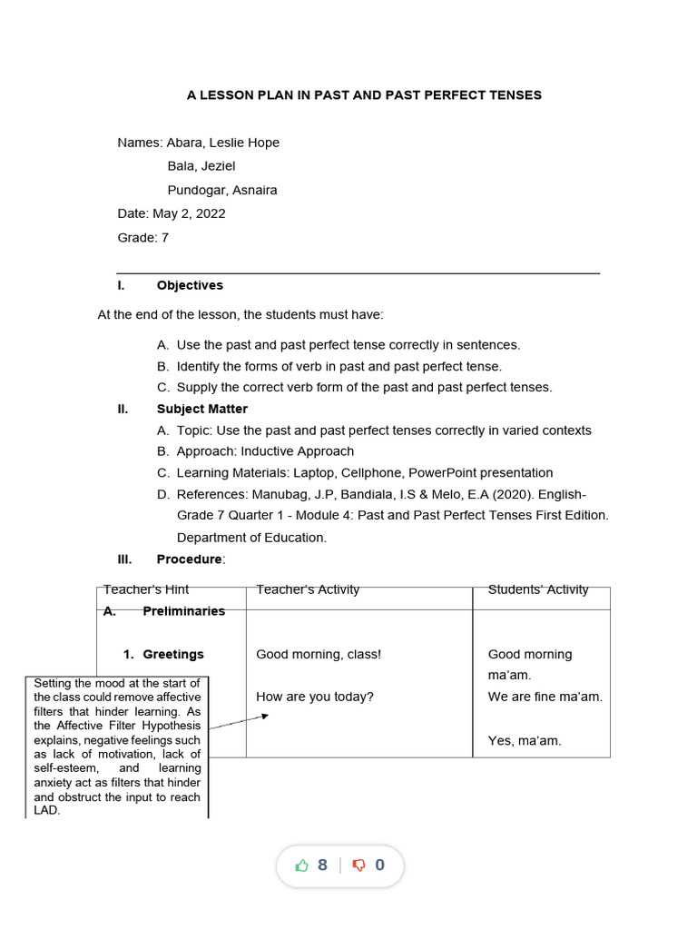 A Lesson Plan in Past and Past Perfect Tenses | PDF | Verb ...