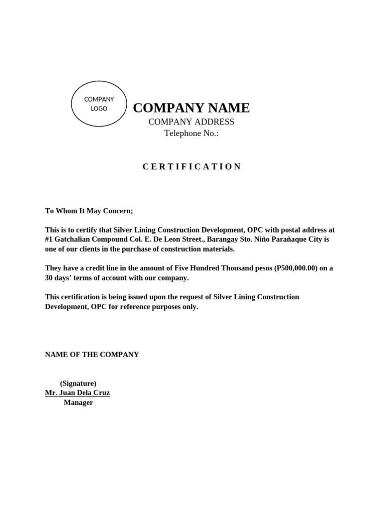 Silver Lining Construction Credit Certification | PDF