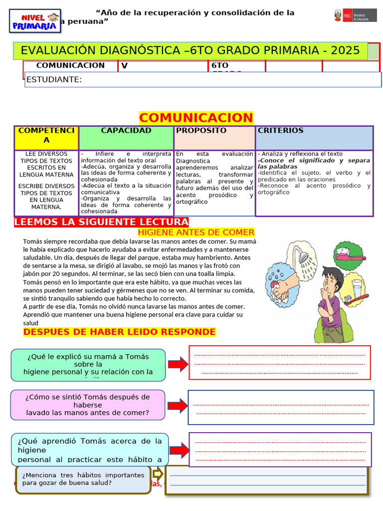 Examen Diagnóstico 6to Grado 2025 | PDF | Lavado de manos | Higiene