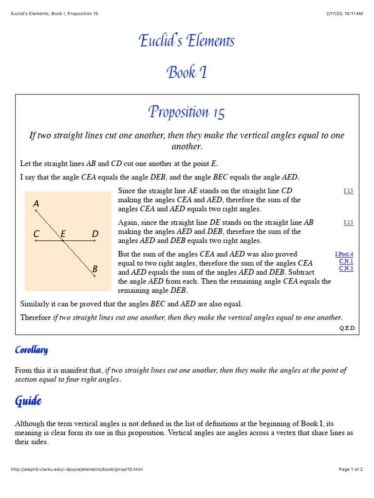 Euclid's Elements, Book I, Proposition 15 | PDF | Theorem | Angle