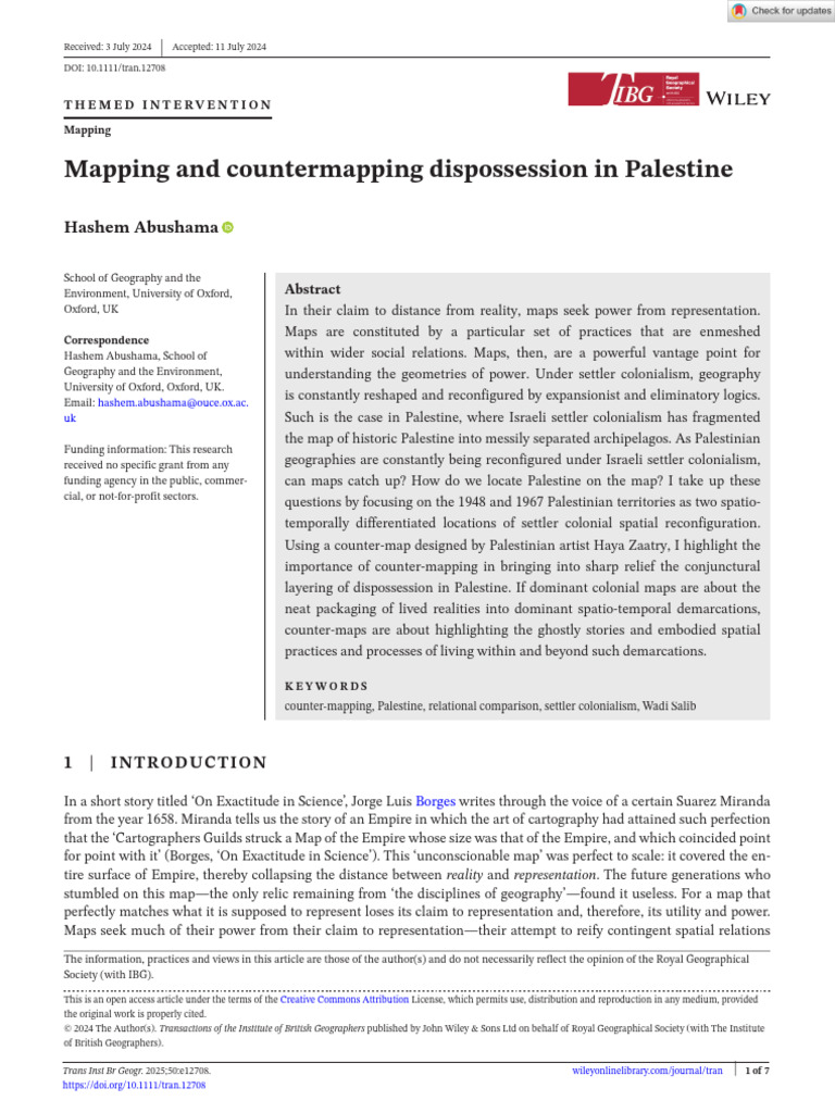 Trans Inst British Geog - 2024 - Abushama - Mapping and Countermapping Dispossession in ...