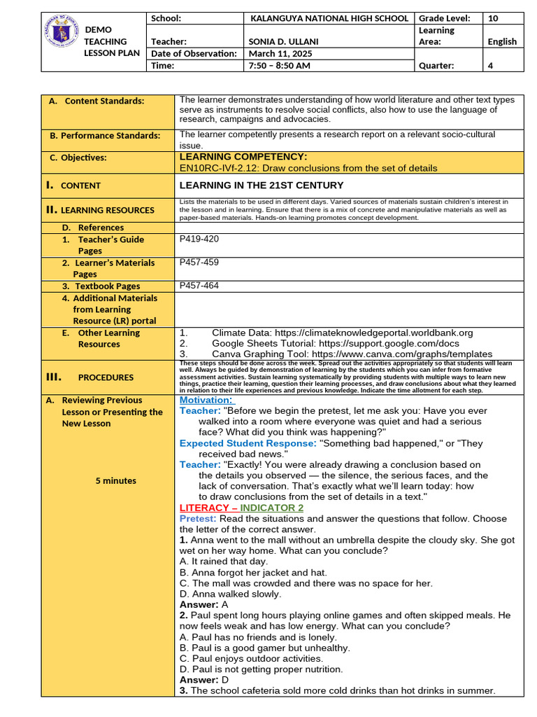 Lesson Plan in English 10 | PDF | Learning | Knowledge