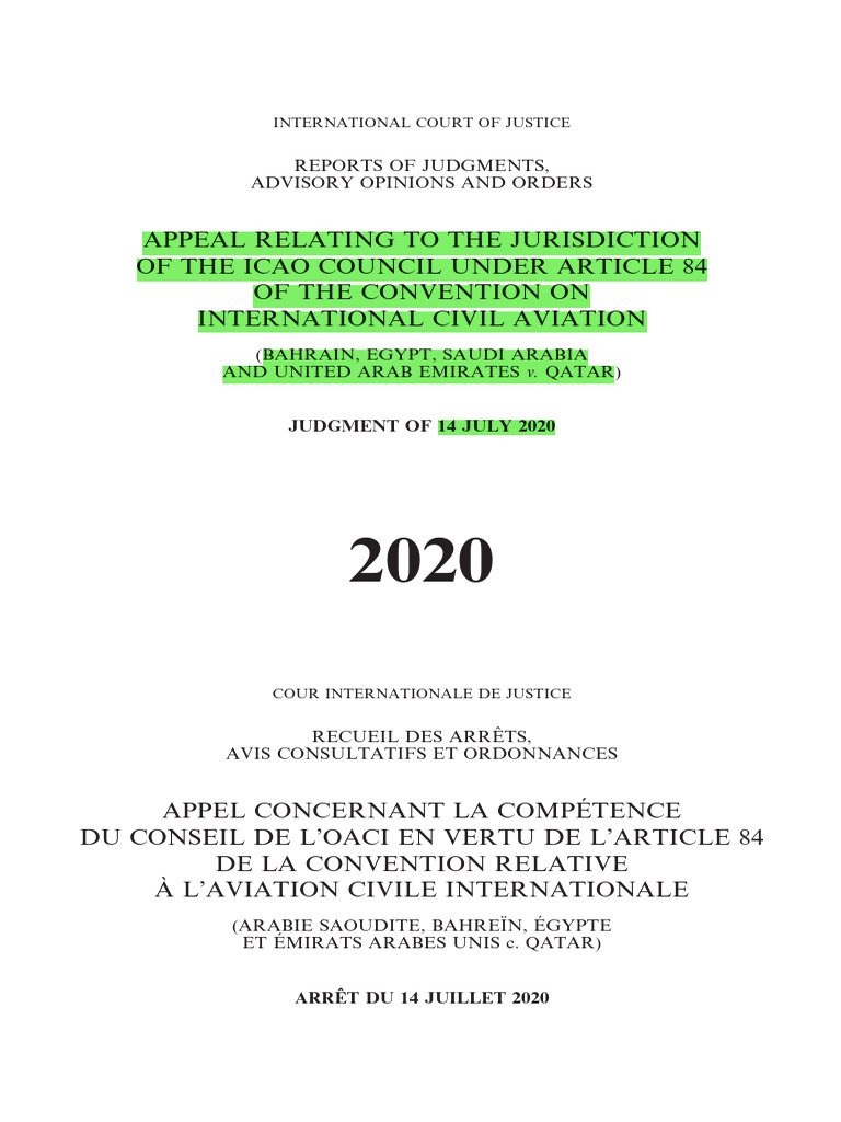 Judgement of 2020 ICAO Council & ICJ | PDF | Appeal | Jurisdiction