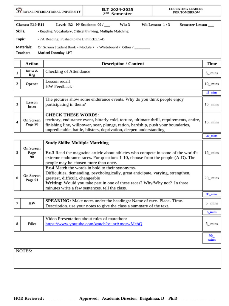 ELT B2 Lesson Plan: Endurance Events | PDF