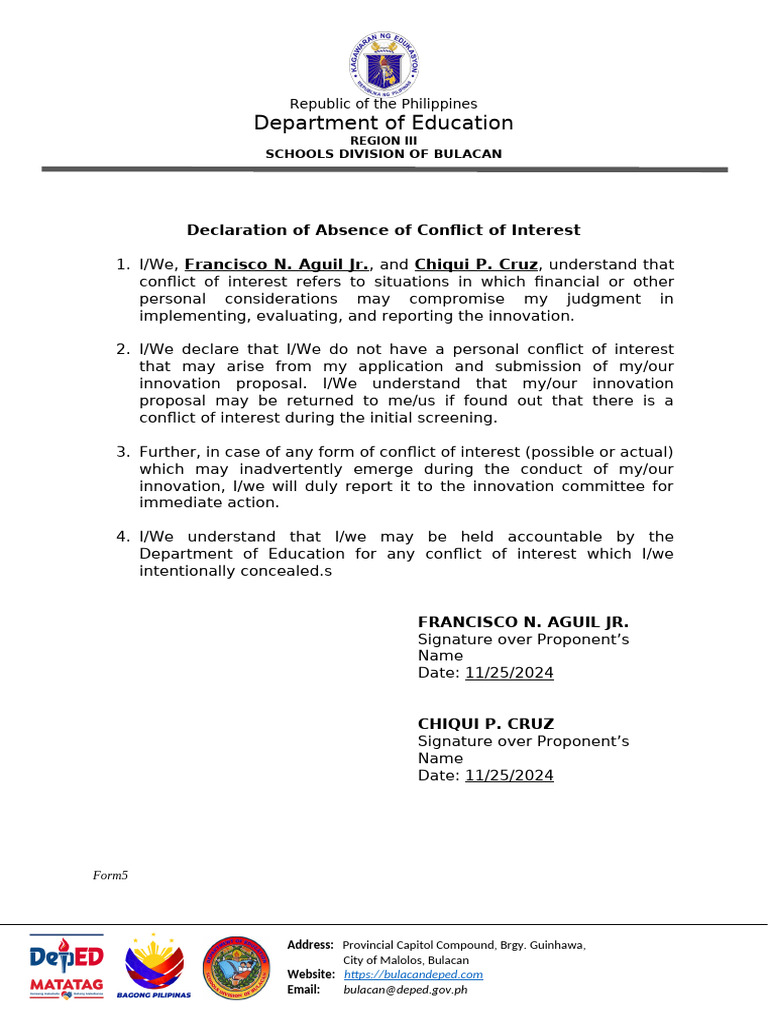 FORM 5 Absence of Conflict of Interest | PDF