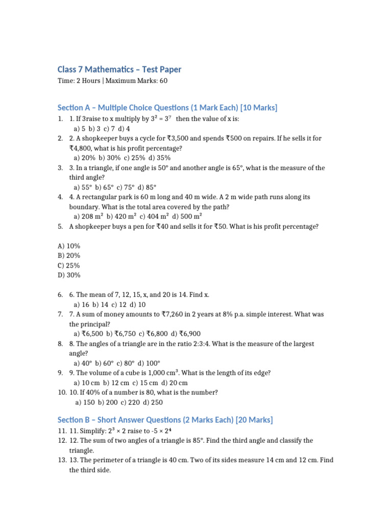 Class 7 Math Difficult Question Paper | PDF | Area | Triangle
