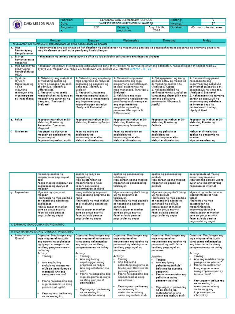 DLL Esp5 Q1 W2 | PDF