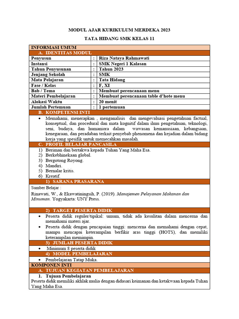 05 Riza Nataya Rahmawati - 21511241013 - Modul Ajar Tata Hidang | PDF