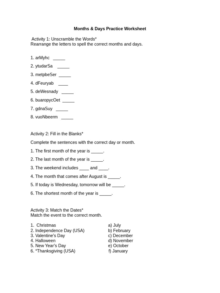 Months and Days Practice Worksheet | PDF