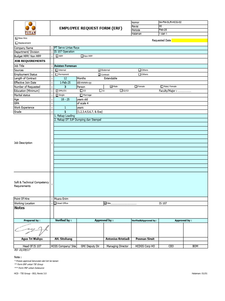 04-FM-SLR-HCG-02 Employee Request Form Asisten Foreman Operation | PDF