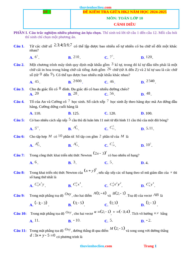 thuvienhoclieu.com-Bo-10-de-kiem-tra-giua-HK2-Toan-10-Canh-dieu-CTM-24-25 | PDF