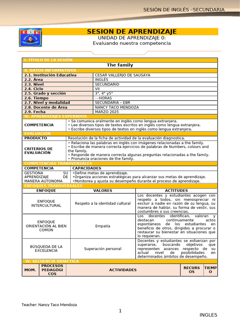 12345 SESION ACTV O -INGLES 2025 | PDF | Evaluación | Aprendizaje