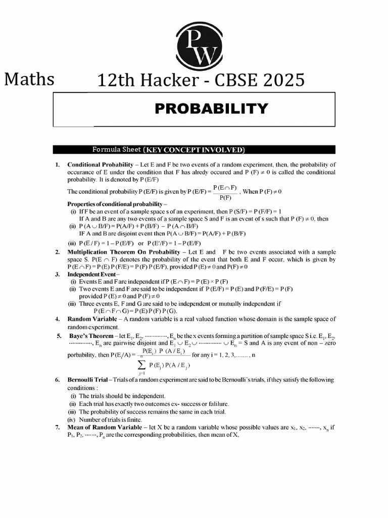 Probability - Formula Sheet - 12th Hacker - CBSE 2025 | PDF