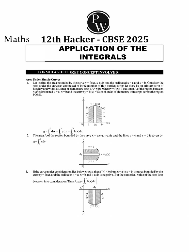 Application of Integrals - Formula Sheet - 12th Hacker - CBSE 2025 | PDF