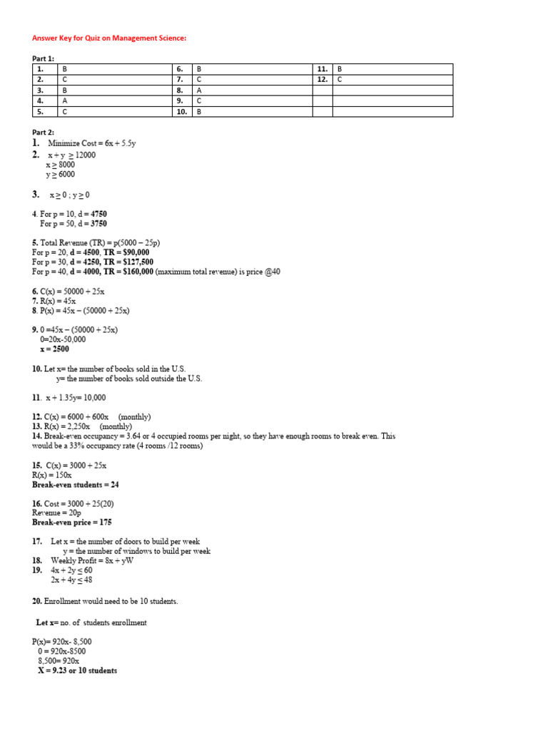 Management Science Quiz Answer Key | PDF