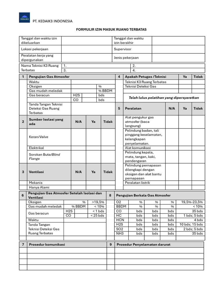 Formulir Izin Kerja Masuk Ruang Terbatas Permenaker 11 Tahun 2023 | PDF