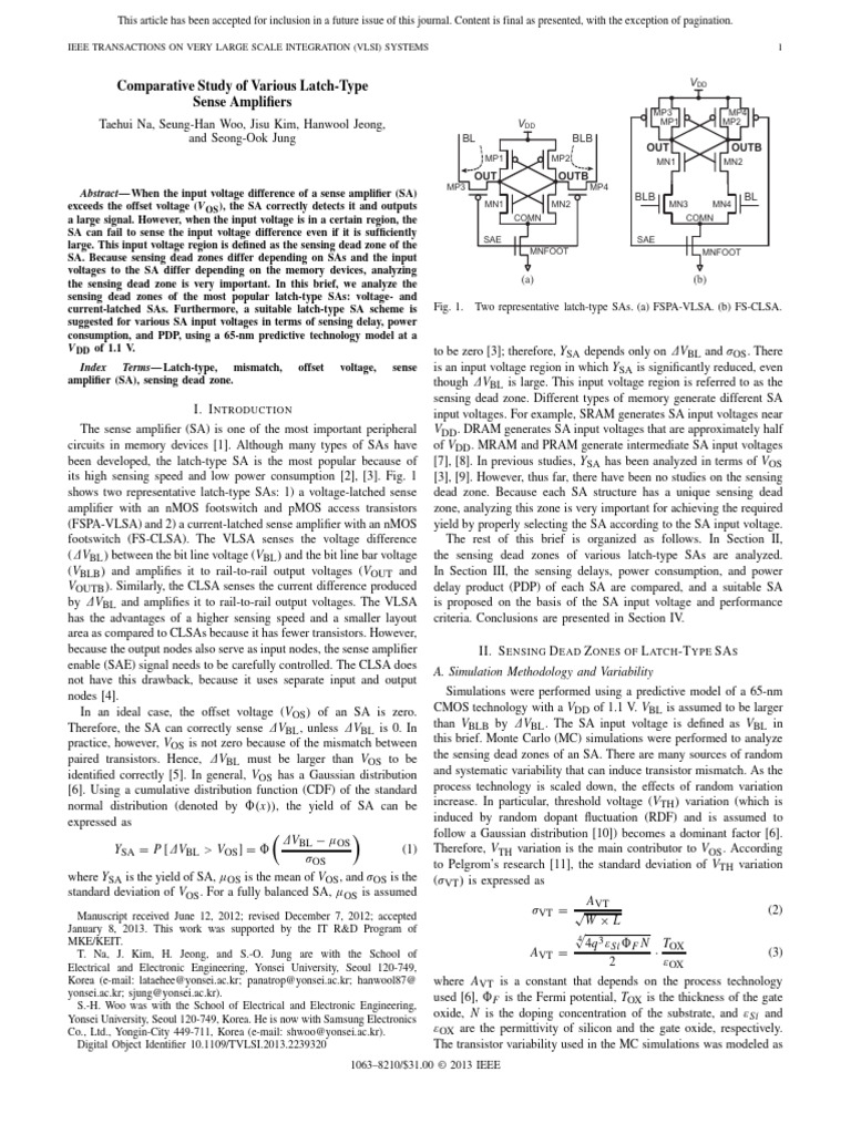Comparative Study of Various Latch-Type Sense Amplifiers | PDF | Mosfet | Cmos