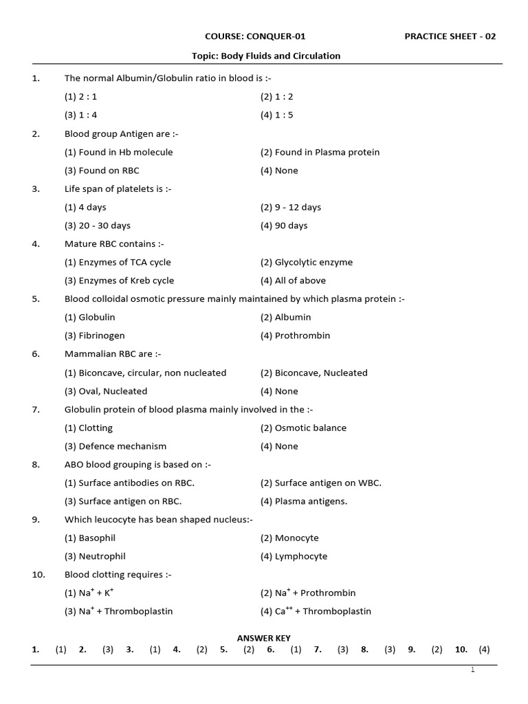 NEET MCQs on Body Fluids & Circulation | PDF