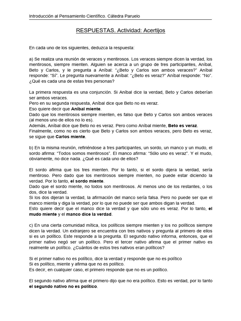 RESPUESTA ACTIVIDAD ACERTIJOS PARTE 1 | PDF | Verdad