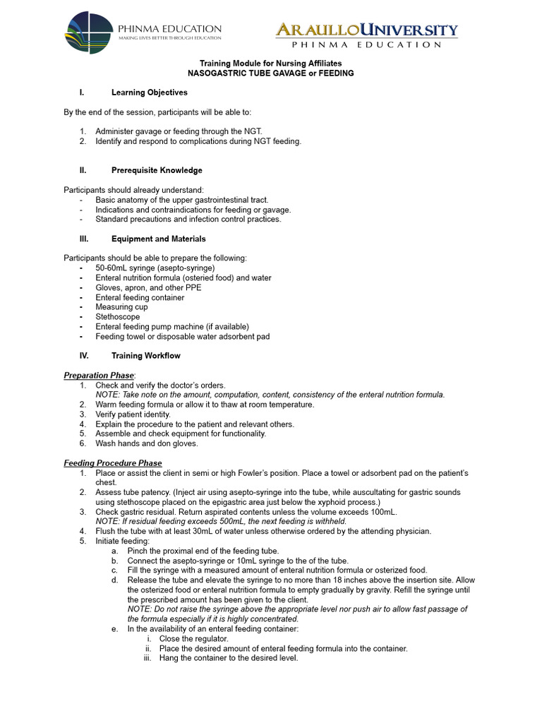 Nasogastric Tube Gavage or Feeding Training Module | PDF | Medical ...