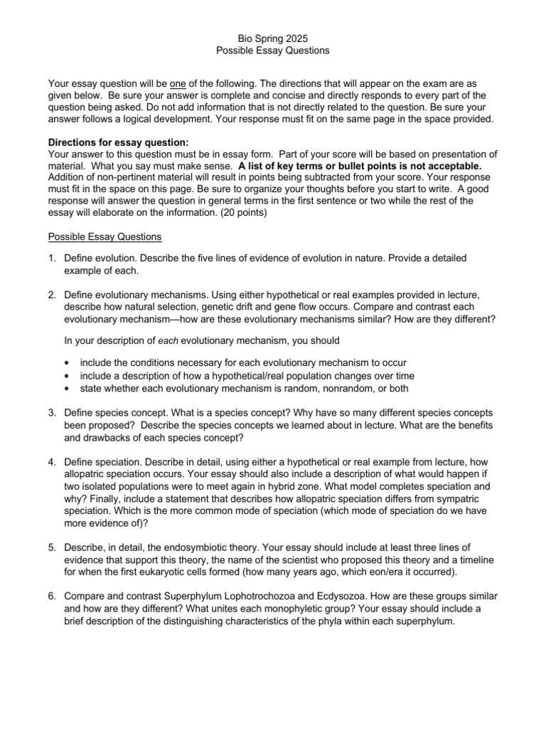 Essay Questions on Evolutionary Biology | PDF | Evolution | Essays