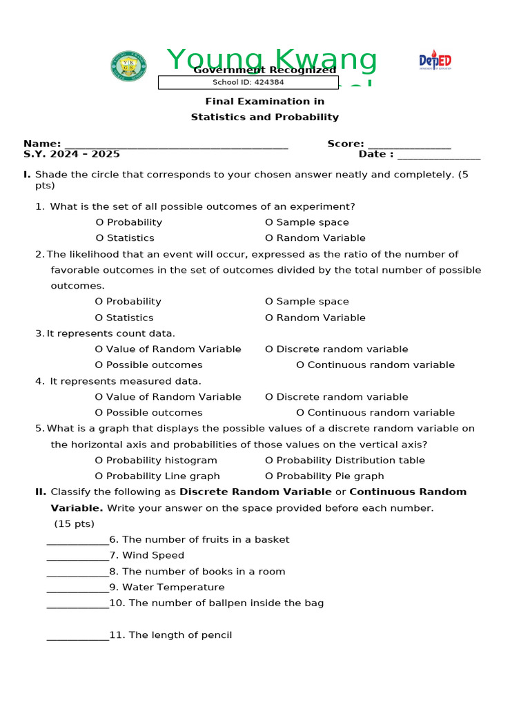 G11 Statistics and Probabilty (2) | PDF | Probability Distribution ...