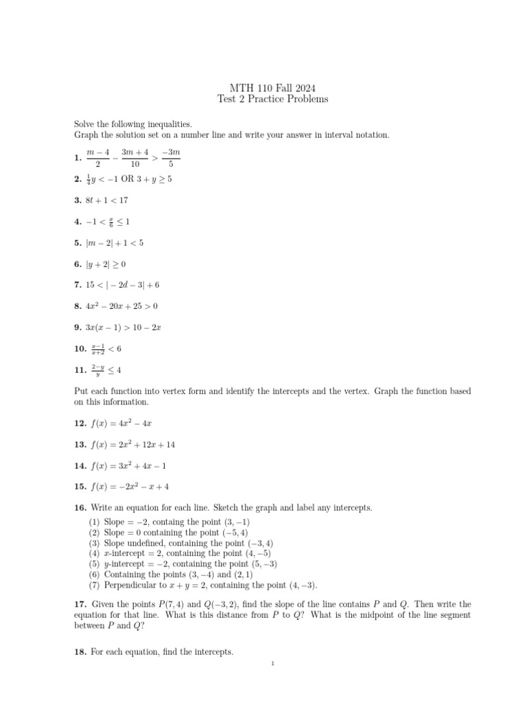 MTH 110 Fall 2024 Test 2 Practice Problems | PDF | Function ...