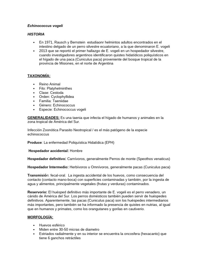 Echinococcus vogeli: Infección y Tratamiento | PDF | Especialidades Medicas