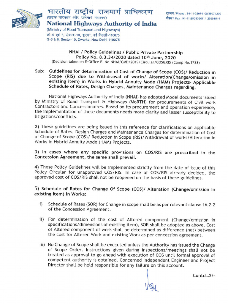 NHAI Policy Circular For COS Works in HAM Project 8.3.34 | PDF