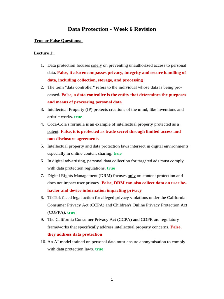 Week 6 Data Protection Revision Guide | PDF | Intellectual Property ...