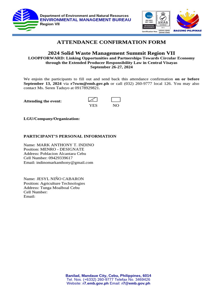 Attendance Confirmation Form | PDF