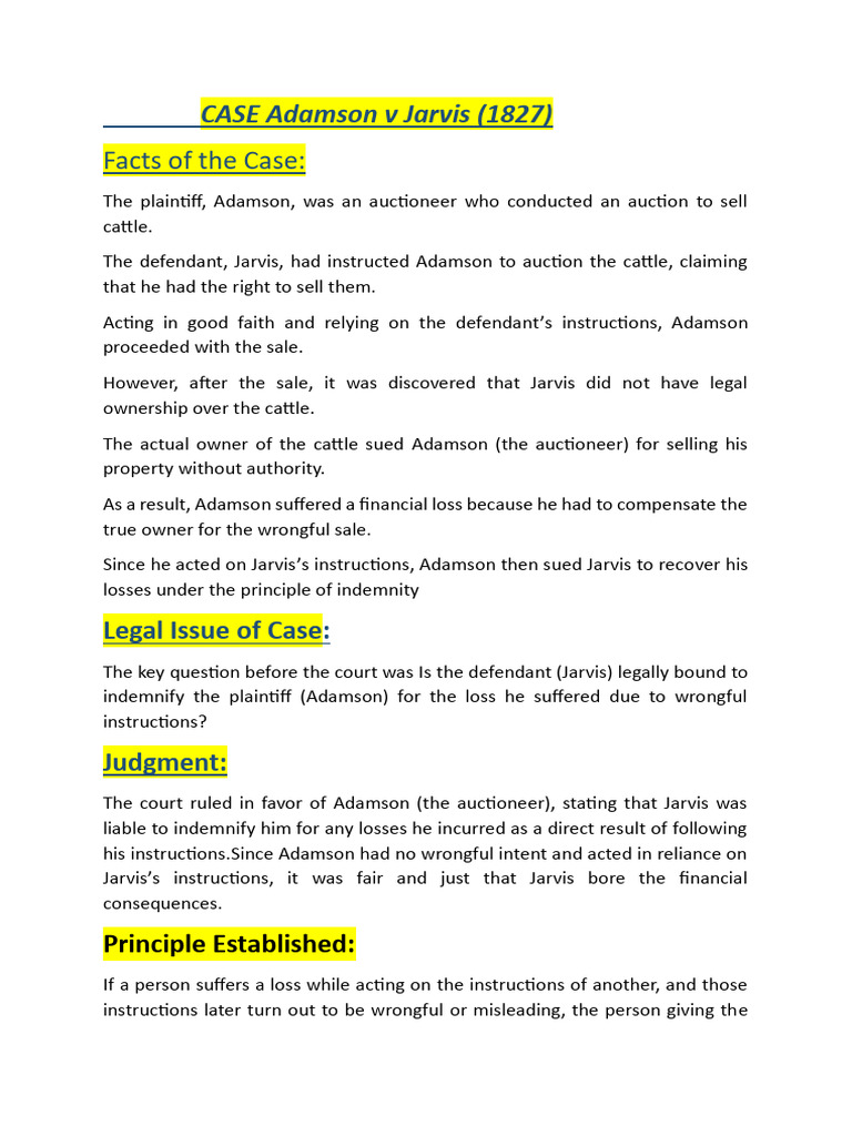 Indemnity Case: Adamson v Jarvis | PDF | Indemnity | Law Of Obligations