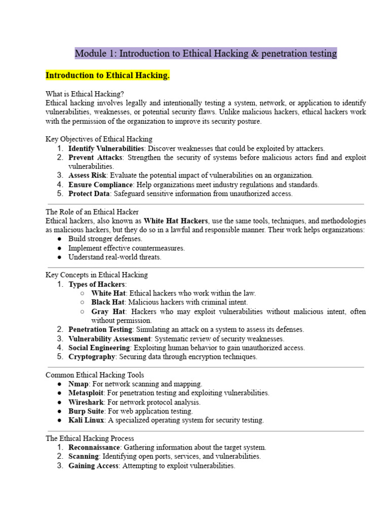 EHDF Notes - Module 1 - Introduction To Ethical Hacking & Penetration ...
