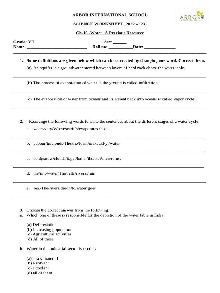 Grade 7 Science Worksheet on Water Resources | PDF | Water | Water Cycle