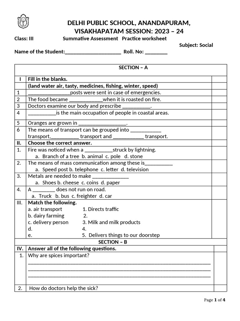 Class III Social Assessment Worksheet | PDF