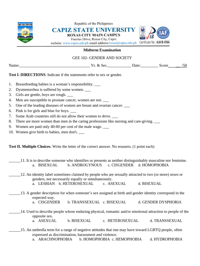 Midterm Exam Gender and Society | PDF | Bisexuality | Homophobia