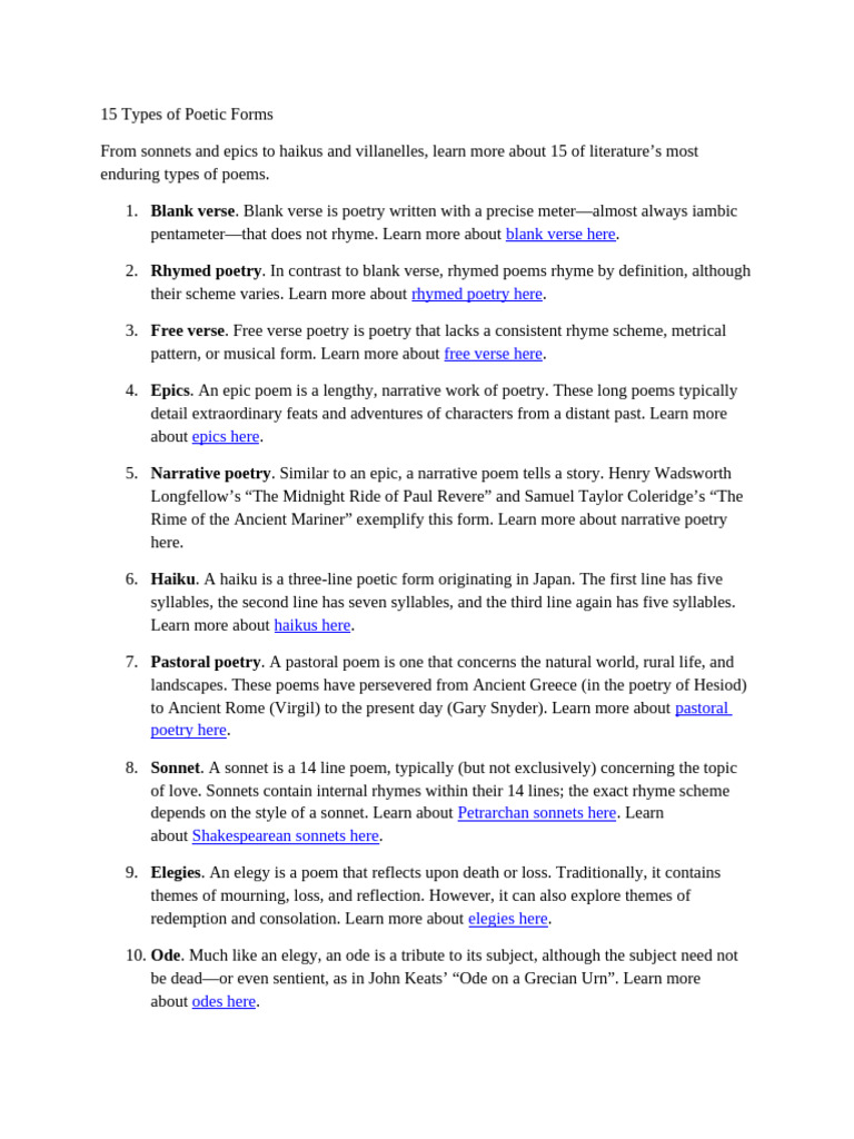 15 Types of Poetic Forms | PDF | Poetry | Epic Poetry