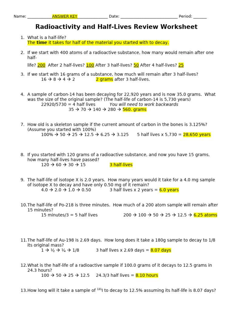 Radioactive Decay and Half-Life Answers | PDF | Radioactive Decay ...