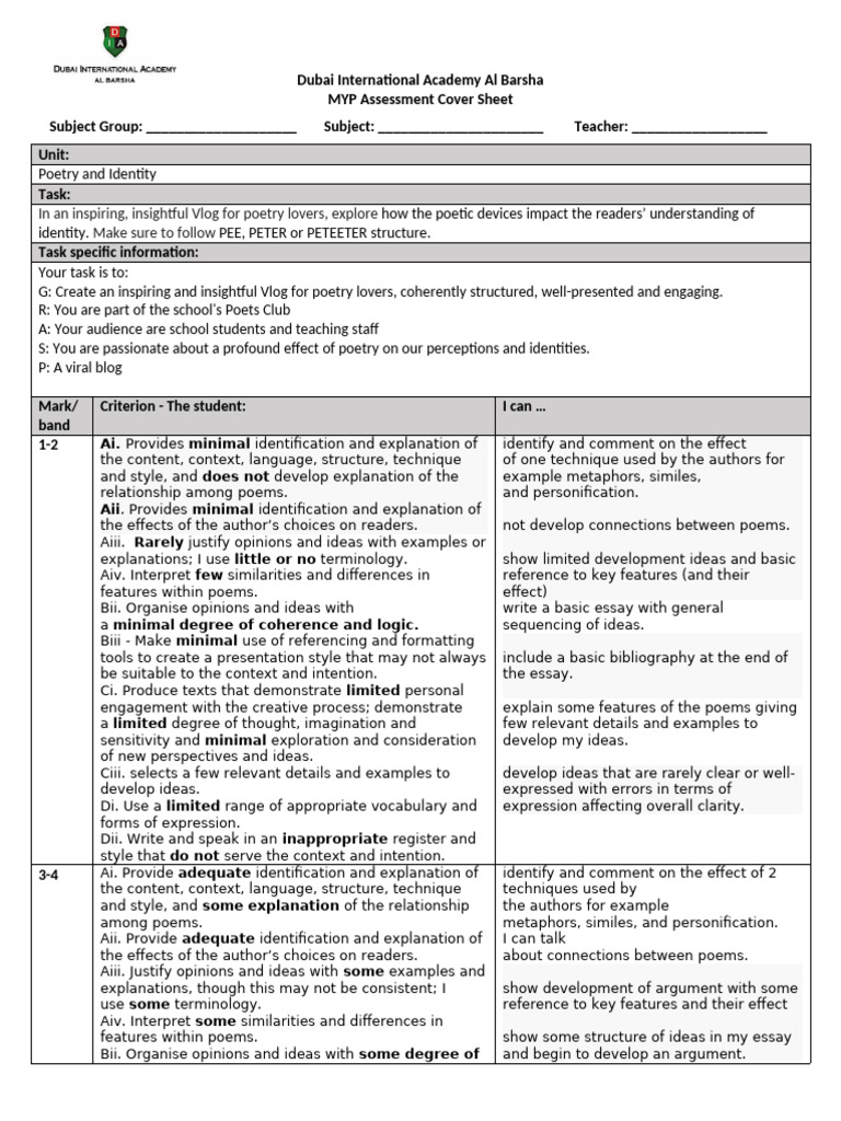 Poetry and Identity Summative Assessment Sheet | PDF | Essays | Poetry