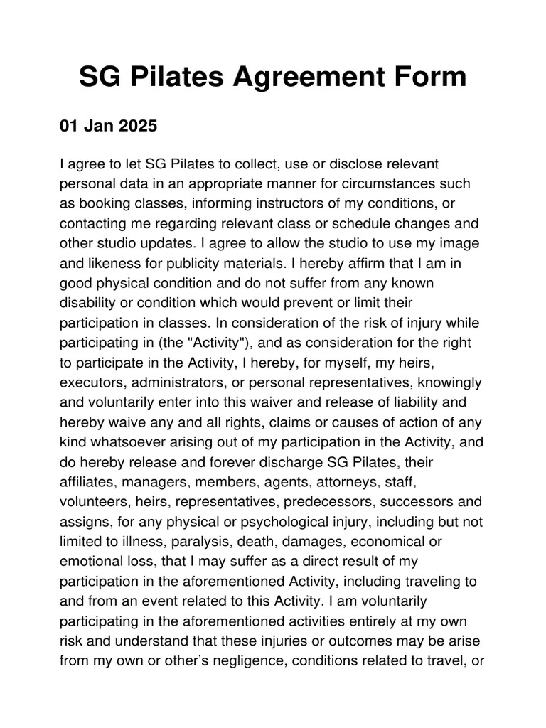 SG Pilates Agreement Form - 01 Jan 2025 | PDF | Legal Liability | Indemnity