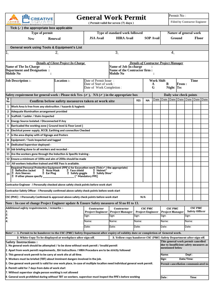 CSC General Work Permit | PDF | Personal Protective Equipment | Workplace
