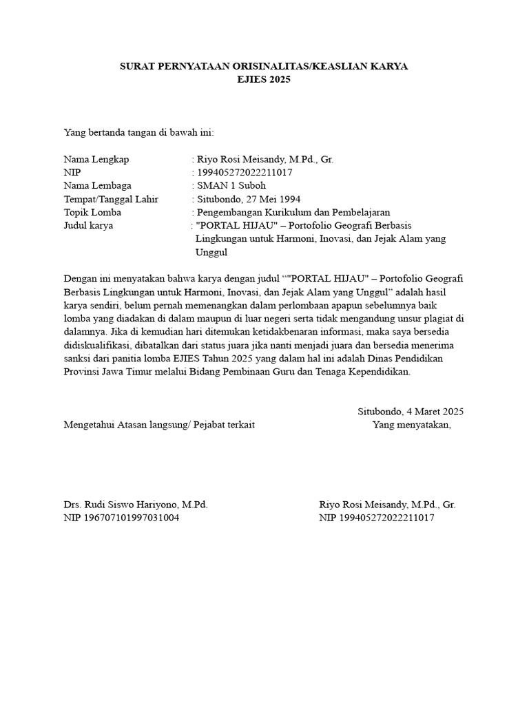 Surat Pernyataan Orisinalitas - Keaslian Karya | PDF