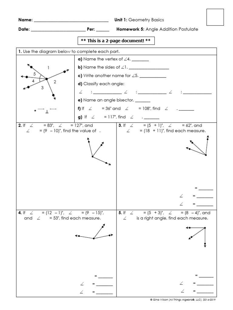HW #5 - Angle Addition Postulate-1 | PDF | Angle | Geometry