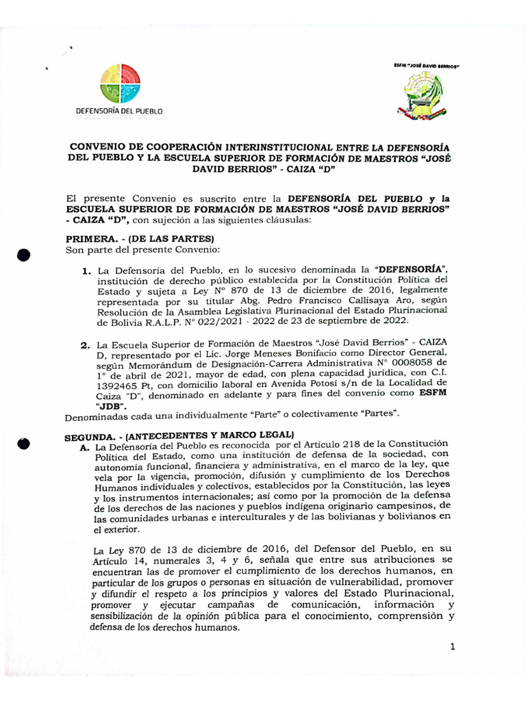Convenio de Cooperacion Interinstitucional Con La Escuela Superior de Formacion de Maestros Jose ...