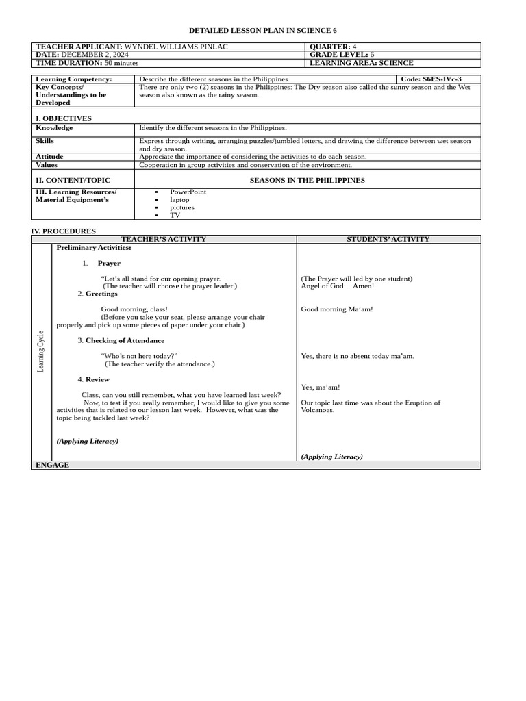 Lesson Plan 5es SEASONS IN THE PHILIPINES | PDF | Monsoon | Wet Season