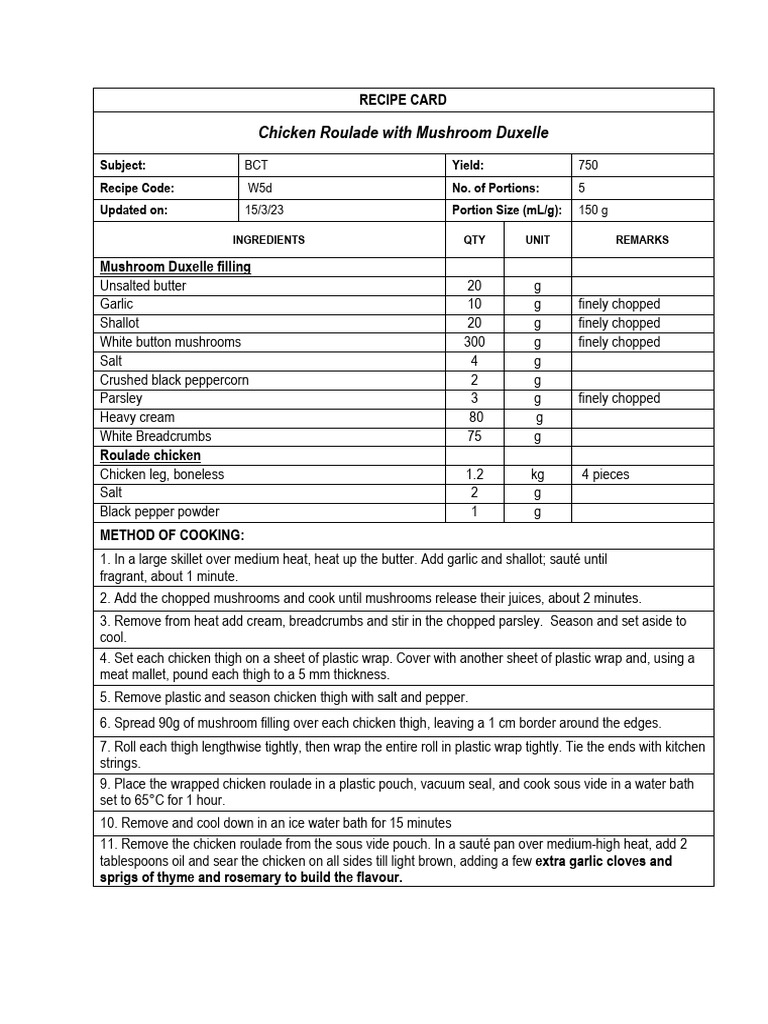 Sous Vide Chicken Roulade With Duxelles Stuffing | PDF | Garlic | Black ...
