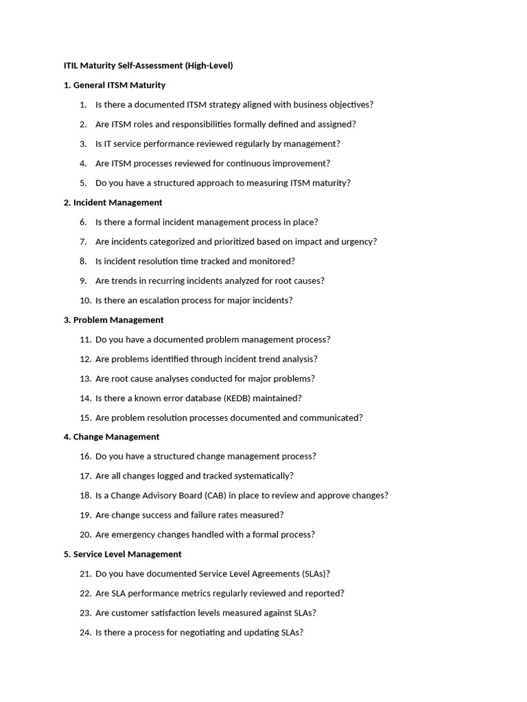 ITIL Maturity Self-Assesment (High-Level) | PDF | Service Level ...