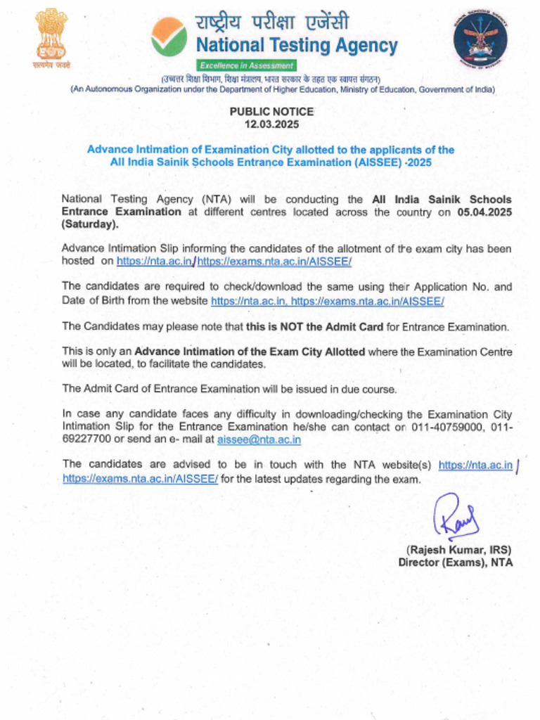 Public Noticeadvance Intimation of Examination City Allotted To The ...